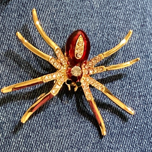 gold plated | Jewelry | Large Gold Plated Brooch Spider With Green Eyes ...
